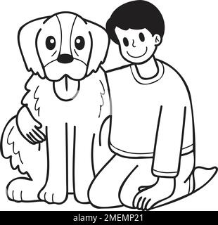 Hand Drawn owner hugs Golden retriever Dog illustration in doodle style ...