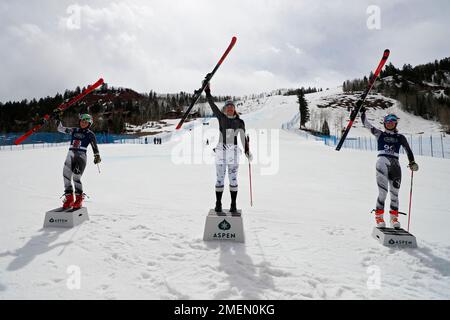 First place finisher Lila Lapanja celebrates on the podium after a ...