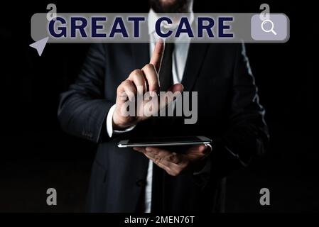 Writing displaying text Great Care, Business approach giving attention ...