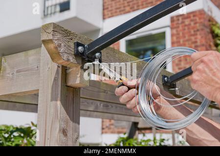 Making a DIY patio canopy - securing wire through a vine eye on a ...