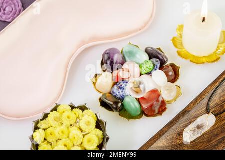 Relaxing ritual with crystals gemstones set and sleep mask on white ...