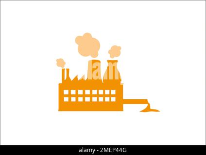 an illustration of a factory, emitting smoke into the air, water and ...