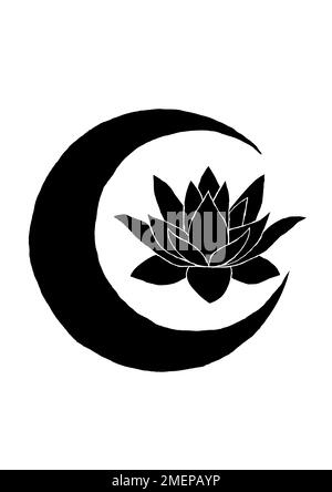 black and white drawing of a lotus flower close-up, monochrome graphics ...