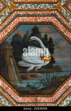 The Swan Hall or Great Hall with decorated ceiling panels painted with ...