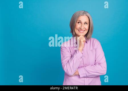 Photo of minded lady look empty space suspicious offer hmm hard ...