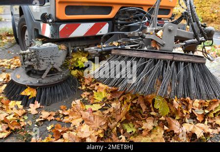 Sweeper sweeps wilted leaves from the road, Vellmar, Hesse, Germany ...