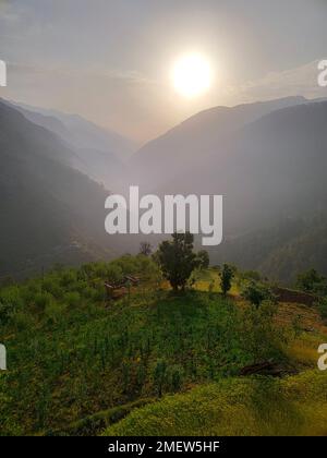Himachal, India - June 6th, 2022 : Mountain valley during sunrise ...