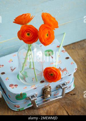 Papercraft. DIY Paper Ranunculus in glass bottle on suitcase with blue ...