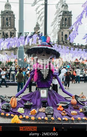 A skeleton sugar skull parade float at the Day of the Dead festival in ...