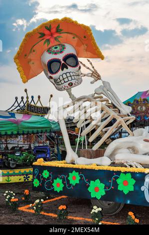 A sugar skull skeleton parade float for the Day of the Dead festival in ...