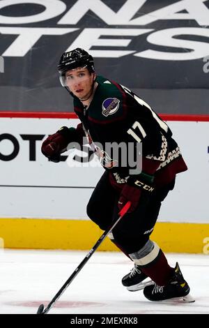 Arizona Coyotes center Tyler Pitlick (17) plays against the Vegas ...