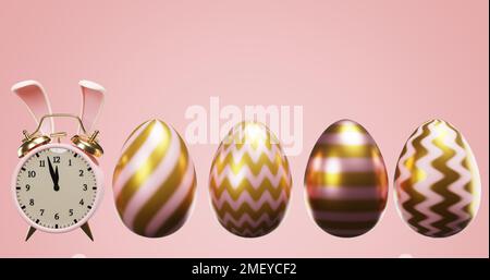 Easter. Pink alarm clock in rabbit ears shiny eggs gift box. 3d ...