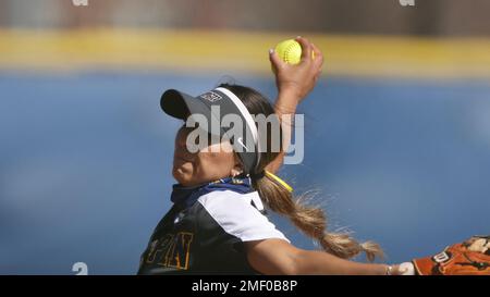 Coppin State pitcher Brissa Alvarado throws against Drexel during an NCAA softball game on ...