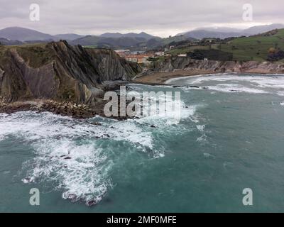 View on steeply-tilted layers of flysch geological formation on ...