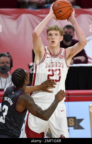 Arkansas forward Connor Vanover (23) shoots against Northern Iowa ...