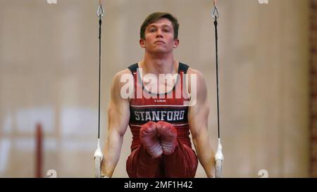 Ian Gunther of Stanford competes on the pommel horse during an NCAA ...