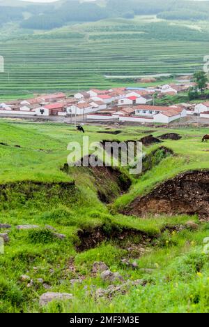 A high angle closeup shot of houses in the countryside with horses ...