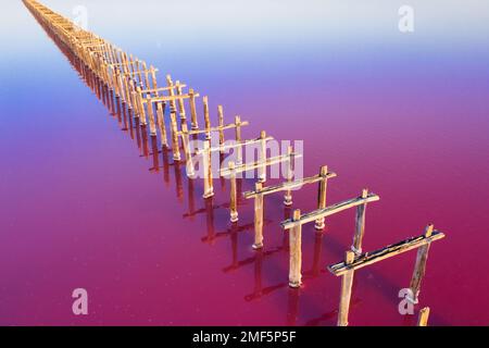 Wooden pegs covered with salt on a lake with pink water Stock Photo - Alamy