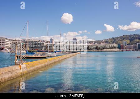 A view of Port Nicholson yacht club with Mt Victoria hills and suburb ...