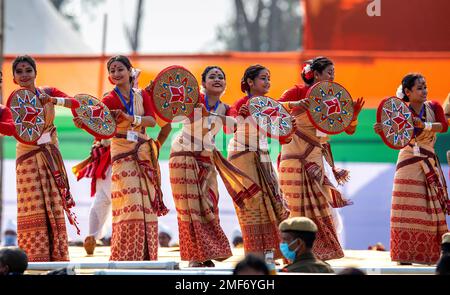 Assamese girls in traditional attire perform Bihu dance to celebrate ...