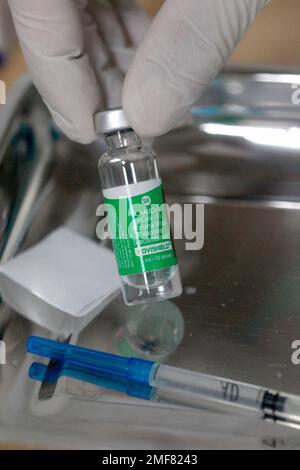 A Moroccan nurse prepares to administer a vial of the Oxford ...