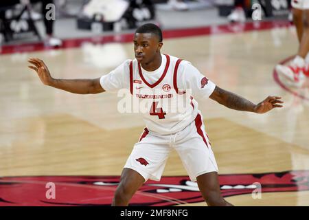 Arkansas guard Davonte Davis (4) runs a play against San Jose State during an NCAA college ...