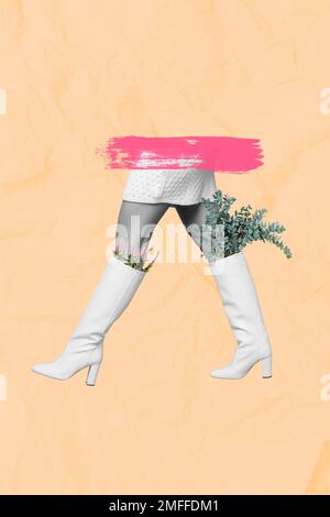 Contemporary art collage woman walking on tangerine, mandarine path ...