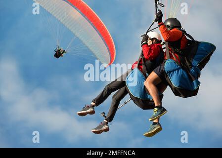 Two paraglider tandem fly against the blue sky, tandem paragliding ...