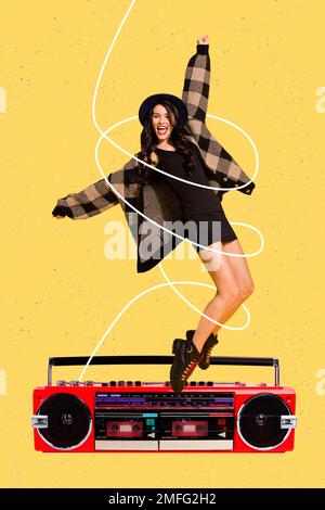 Vertical collage image of excited mini girl stand huge photo camera ...
