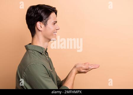 Photo of young promoter student guy wear stylish blue pullover direct ...