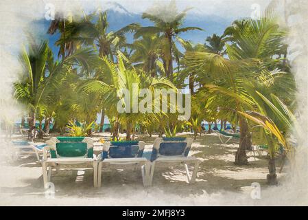 Watercolor tropical landscape with sky, sun, clouds and the silhouette ...
