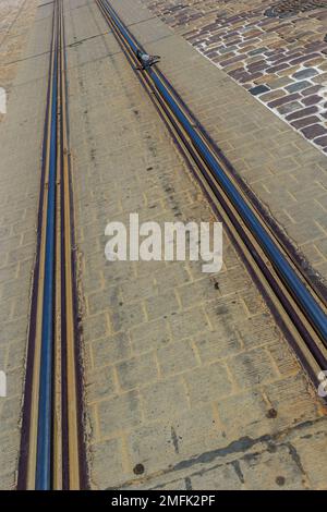 Metallic tracks in urban environment for tram. background image Stock ...