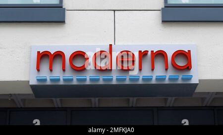 FILE - A sign marks an entrance to a Moderna building in Cambridge ...