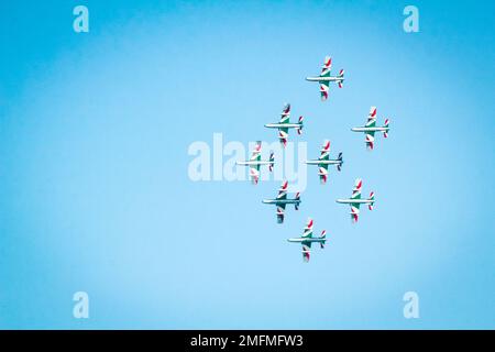 tricolor braids of the Italian military aviation, flight during an ...