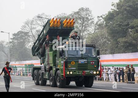 Indian Army multi rocket launcher vehicles drive through the on the ...