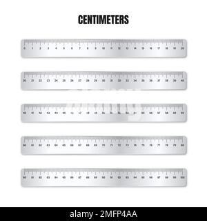Realistic various shiny metal rulers with measurement scale and ...