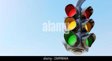 Double hanging traffic light with all three color on empty grey ...