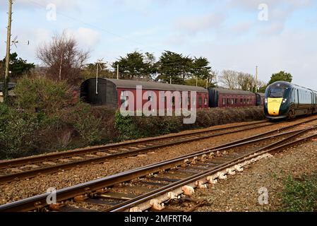 An Intercity Express Train passing camping coaches at Dawlish Warren ...