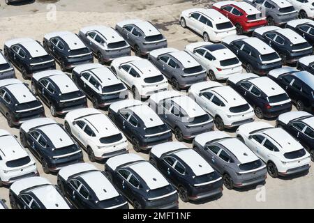 New cars from different producers white and red colors were recently ...