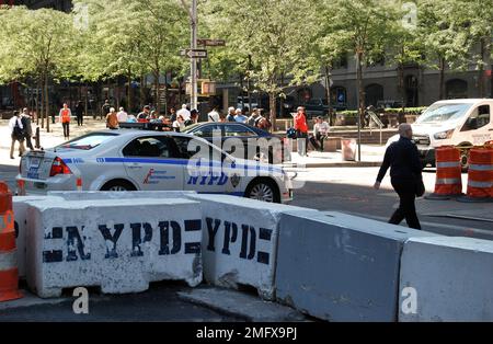 An NYPD road block at Trinity Place in Lower Manhattan, New York City ...