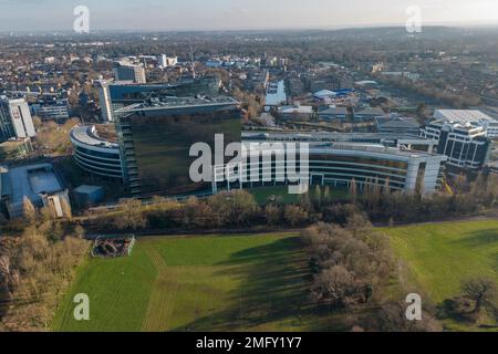 Aerial view of the GSK Head Office building in Brentford, West London ...
