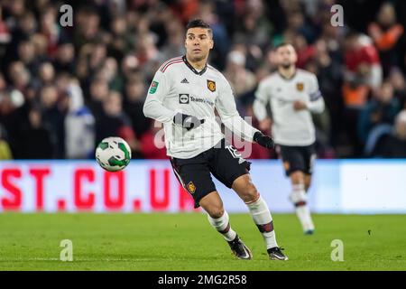 Casemiro of Manchester United passes the ball during the Premier League ...