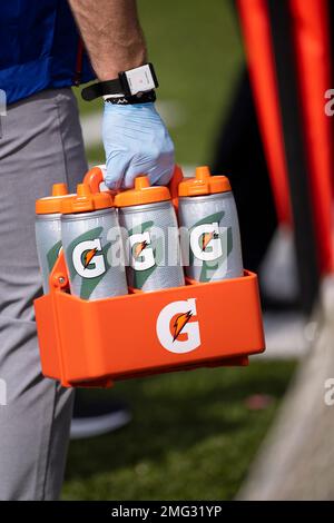 Detail view of Gatorade water bottles with player numbers during the ...