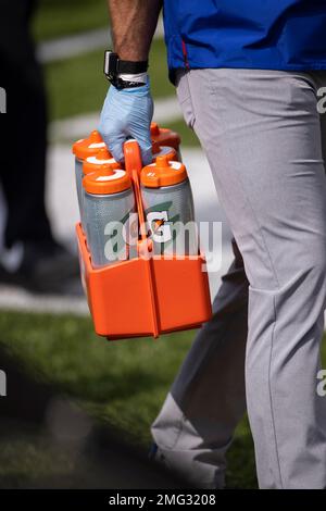 Detail view of Gatorade water bottles with player numbers during the ...