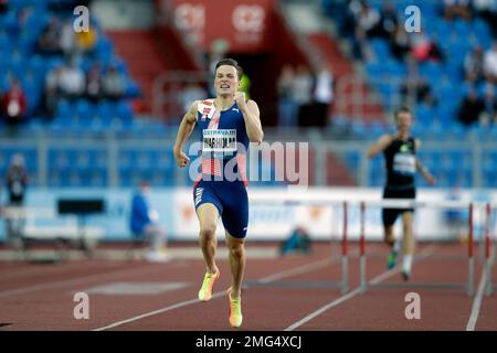 Karsten Warholm, of Norway, competes in the 400 meter men's hurdles at ...