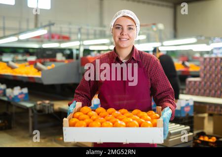 Happy female sorting factory worker showing mandarins in box Stock ...