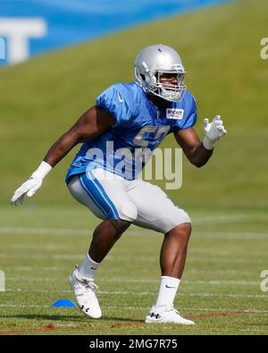 Detroit Lions linebacker Jason Cabinda (45) rushes during pregame of an ...