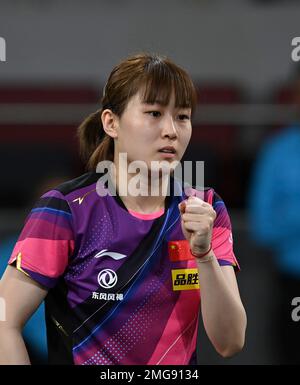 Doha, Qatar. 25th Jan, 2023. Xu Yingbin of China hits a return during ...