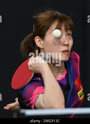 Doha, Qatar. 25th Jan, 2023. Xu Yingbin of China hits a return during ...