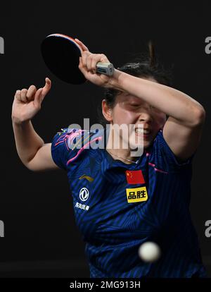 Doha, Qatar. 25th Jan, 2023. Xu Yingbin of China hits a return during ...